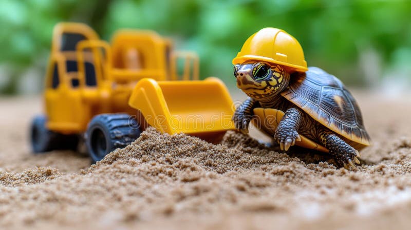 A Turtle in a Hard Hat with Toy Bulldozer on Sand, AI Stock Photo ...
