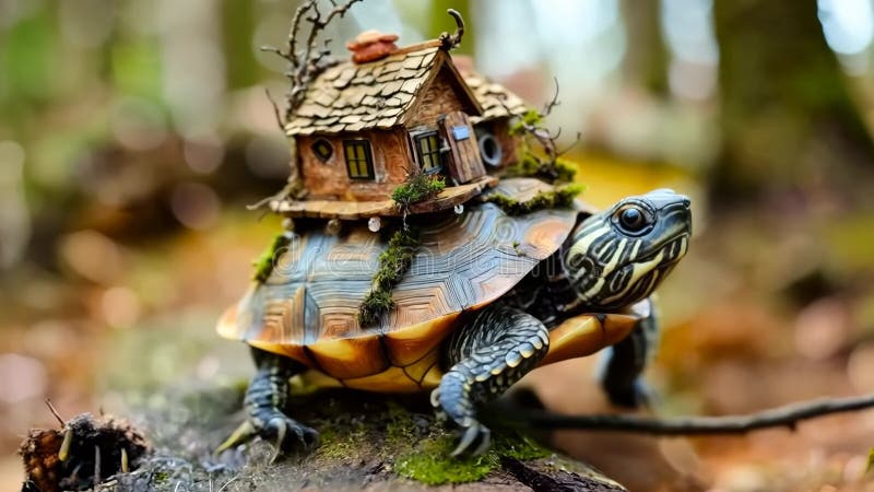 A Turtle Sitting on Top of a Tree Stump with a House on Its Back Stock ...