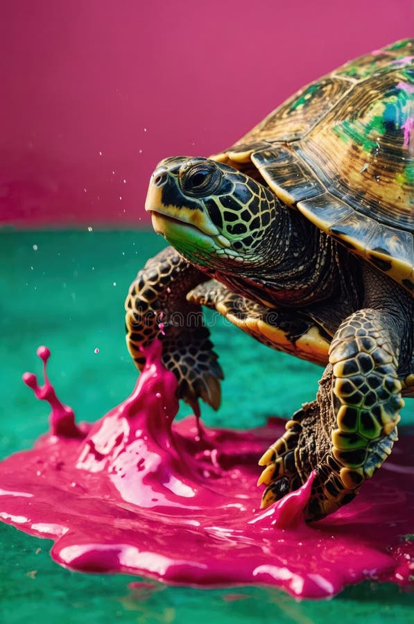 Stunning Sea Turtle in Vibrant Pink Paint Splash Stock Illustration ...