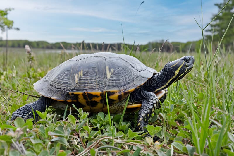 Turtle Moves Slowly through a Verdant Meadow, Its Textured Shell ...