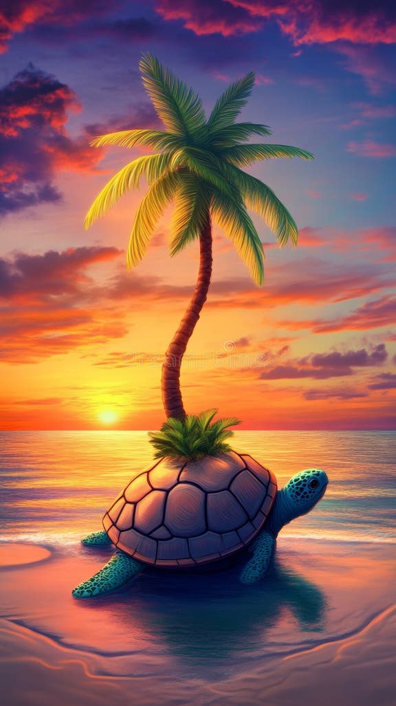 Turtle Island with Palm Tree at Sunset Stock Image - Image of dreamlike ...