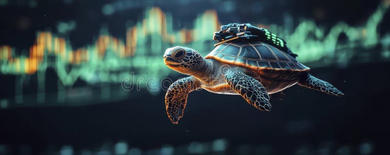 Turtle with Jetpack Soaring Over Green Stock Market Chart. Stock Photo ...