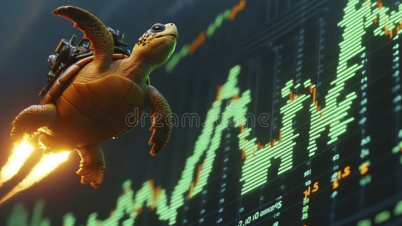 Turtle with Jetpack Soaring Over Green Stock Market Chart. Stock Image ...