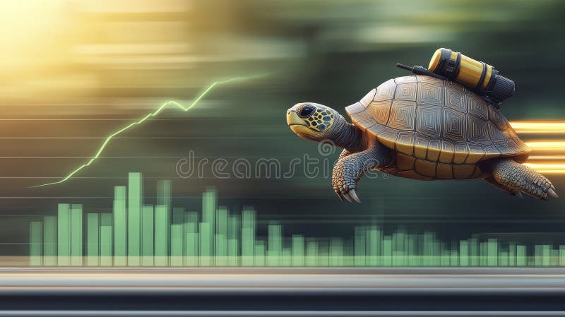 Turtle with Jetpack Soaring Over Green Stock Market Chart. Stock Photo ...