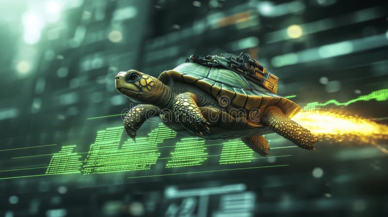 Turtle with Jetpack Soaring Over Green Stock Market Chart. Stock Image ...
