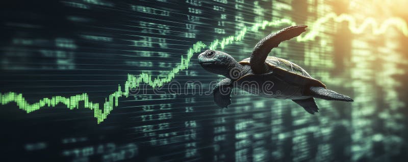 Turtle with Jetpack Soaring Over Green Stock Market Chart. Stock Photo ...