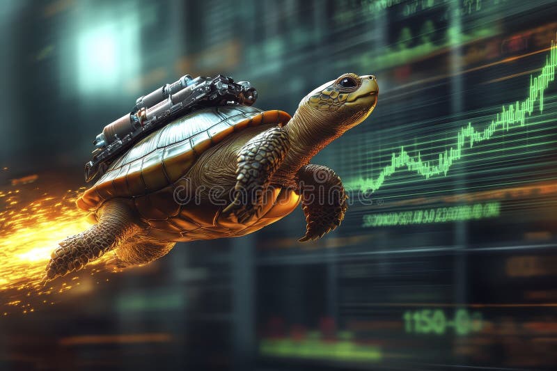 Turtle with Jetpack Soaring Over Green Stock Market Chart. Stock Image ...