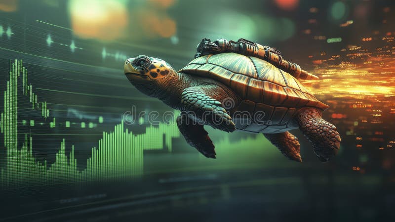 Turtle with Jetpack Soaring Over Green Stock Market Chart. Stock Image ...