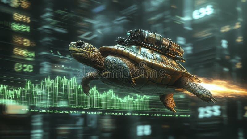 Turtle with Jetpack Soaring Over Green Stock Market Chart. Stock Photo ...
