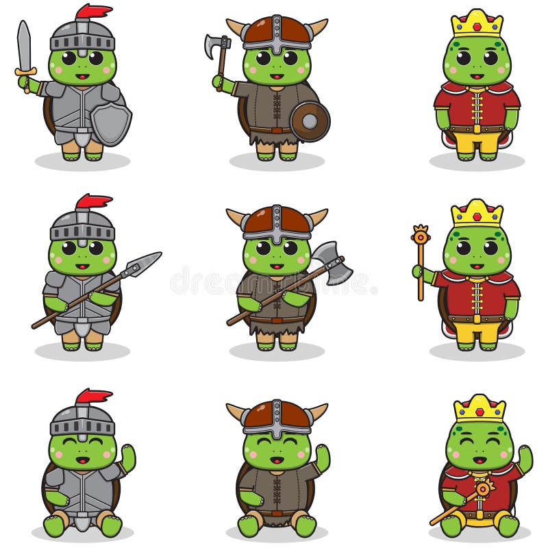 Vector Illustrations of Turtle Characters in Various Medieval Outfits ...