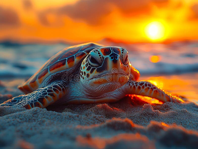 A Turtle Laying on the Sand at Sunset on the Beach Stock Image - Image ...