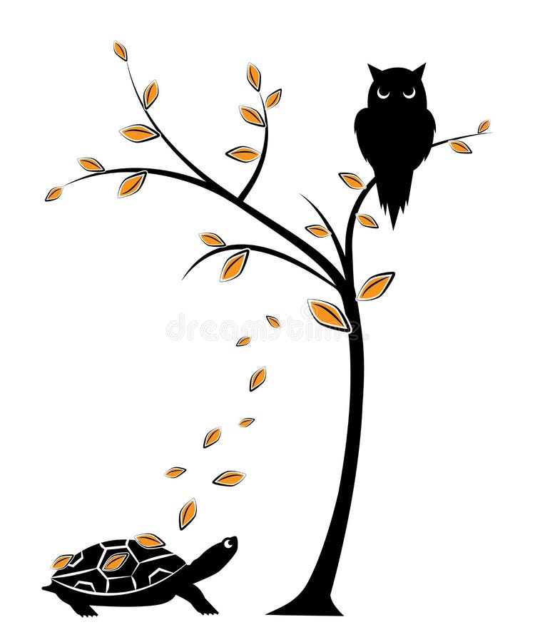Owl Silhouette on Tree in Autumn and Turtle, Vector Stock Vector ...