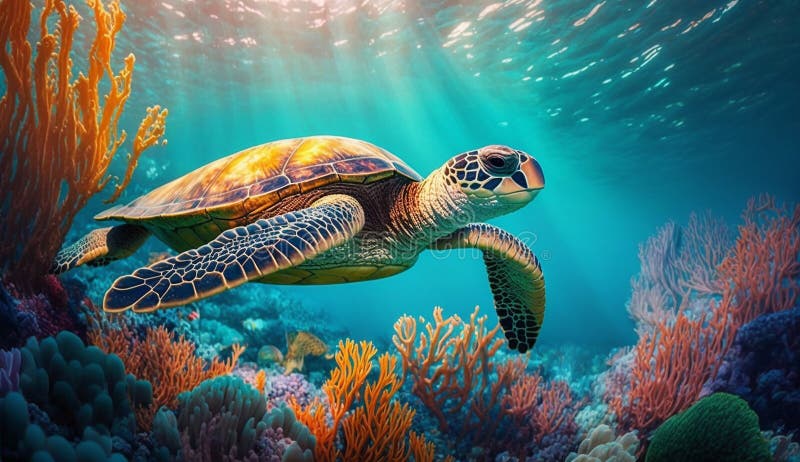 Turtle Life Underwater Sea World, Generative AI Stock Image - Image of ...