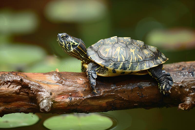 A Turtle is on a Log Next To Water, High Quality, High Resolution Stock ...
