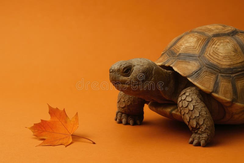 A Turtle Looks at a Fallen Autumn Leaf. Space for Text. Stock Photo ...