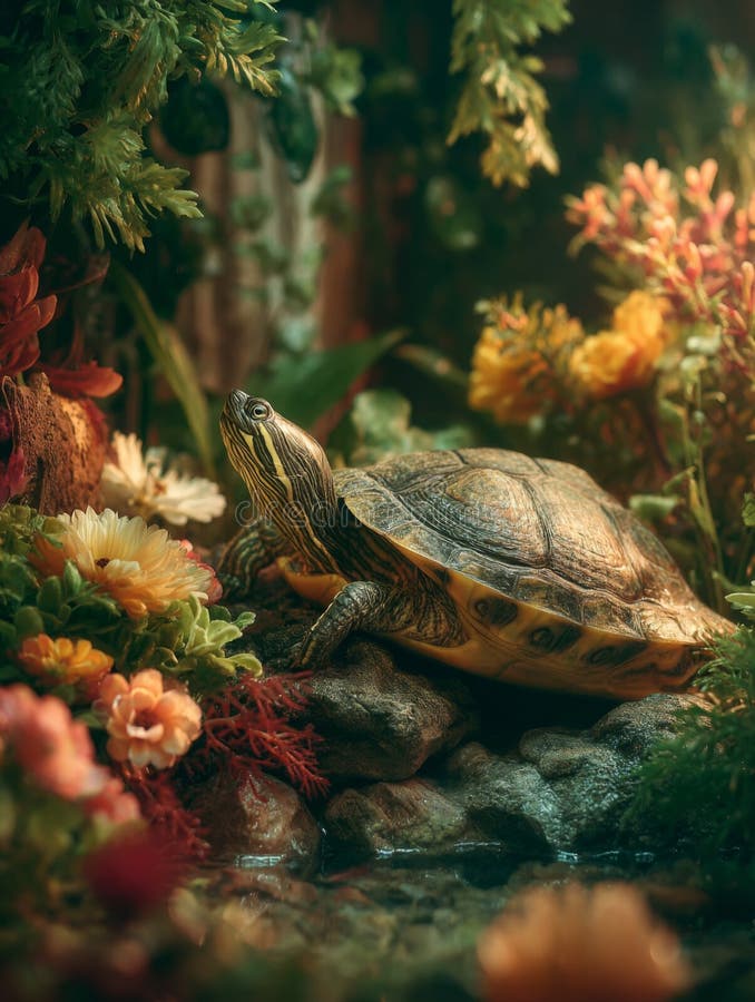 Turtle in a Lush Terrarium Setting Stock Illustration - Illustration of ...