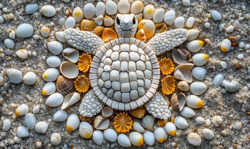 Turtle Made of Seashells Arranged on Sandy Beach with Vibrant Colors ...