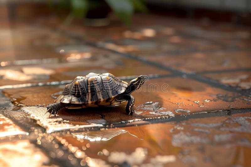 Turtle Meanders Across Tiled Surface, Shell Shining in Soft Light Stock ...