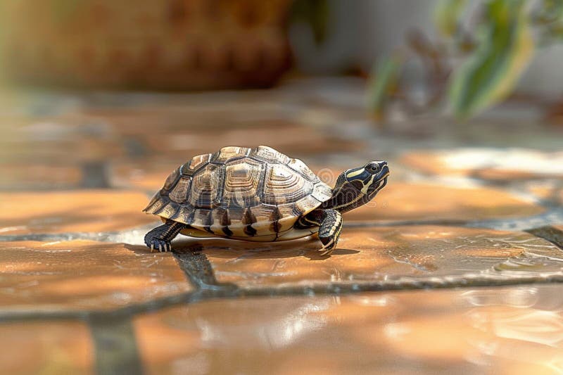 Turtle Meanders Across Tiled Surface, Shell Shining in Soft Light Stock ...