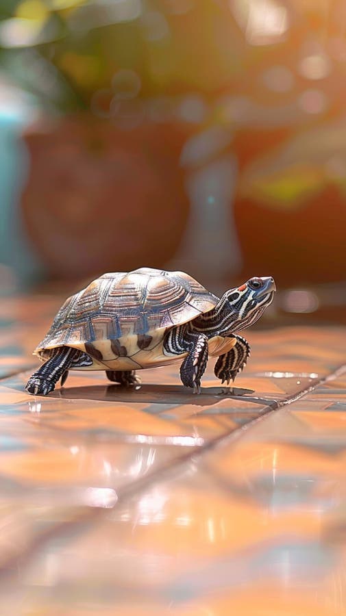 Turtle Meanders Across Tiled Surface, Shell Shining in Soft Light Stock ...