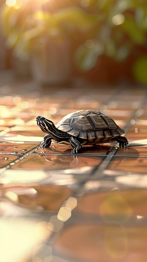 Turtle Meanders Across Tiled Surface, Shell Shining in Soft Light Stock ...
