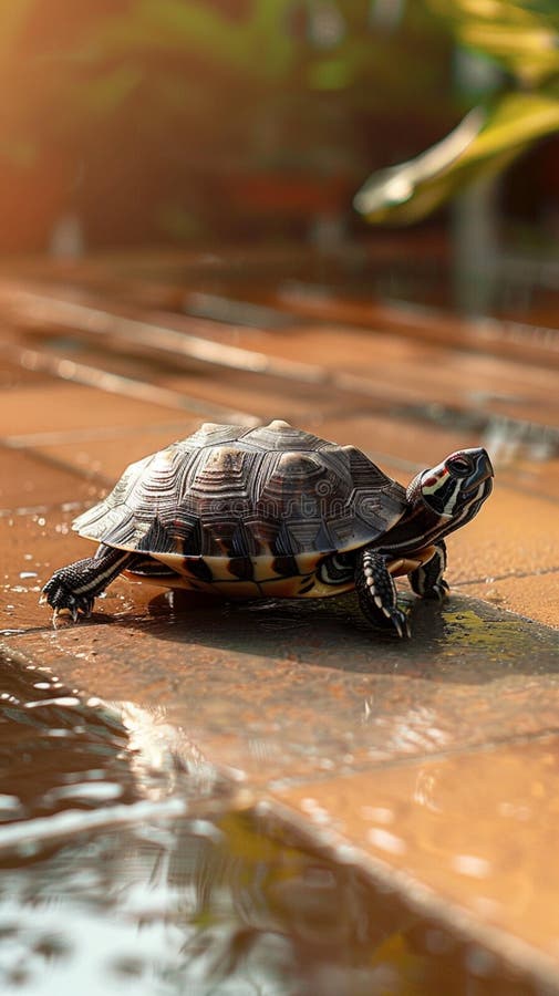 Turtle Meanders Across Tiled Surface, Shell Shining in Soft Light Stock ...