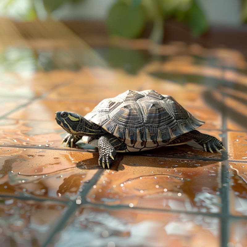 Turtle Meanders Across Tiled Surface, Shell Shining in Soft Light Stock ...