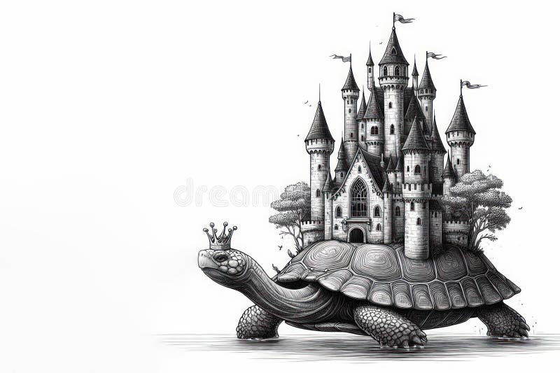 A Turtle with a Medieval Castle on a Shell. Space for Text. Stock Photo ...