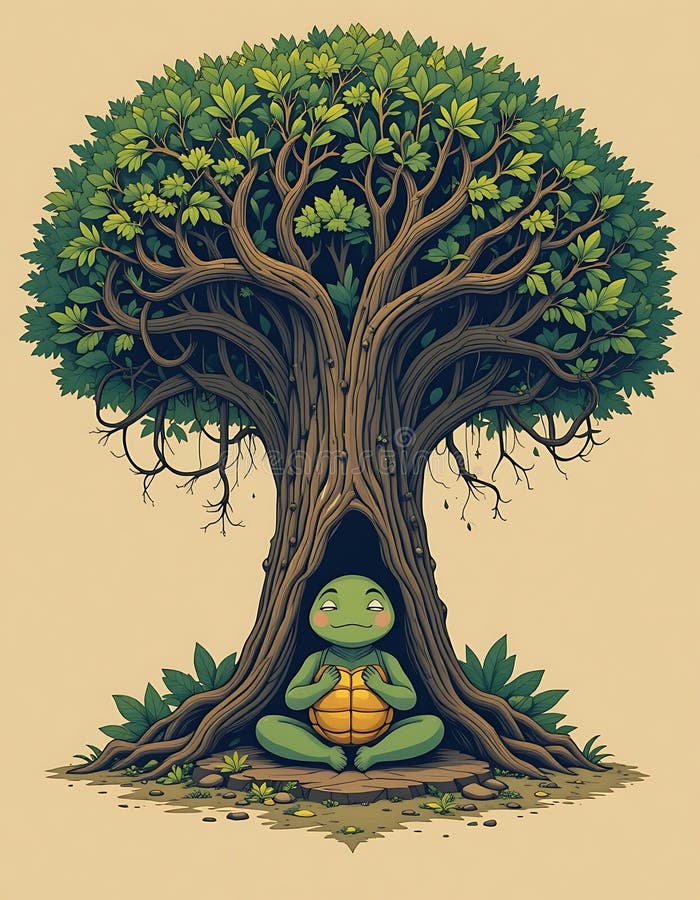 Turtle Meditating Under Tree Stock Illustration - Illustration of ...