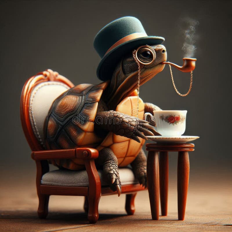 A Turtle with a Monocle and Top Hat, Sipping Tea Daintily while Sitting ...