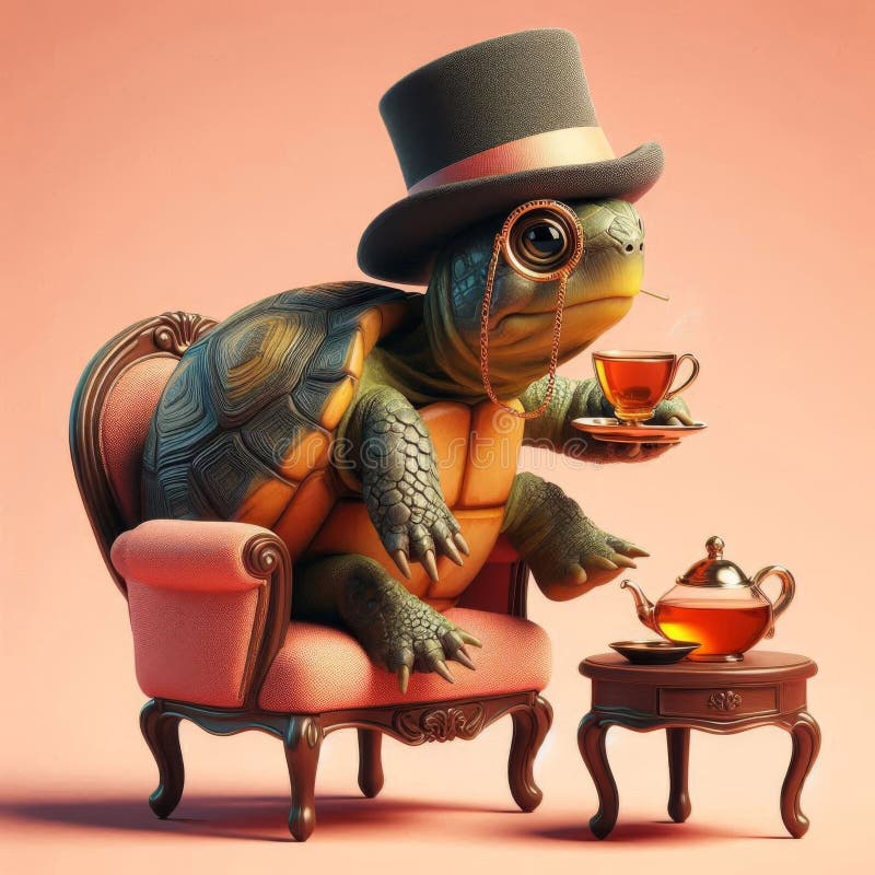 A Turtle with a Monocle and Top Hat, Sipping Tea Daintily while Sitting ...