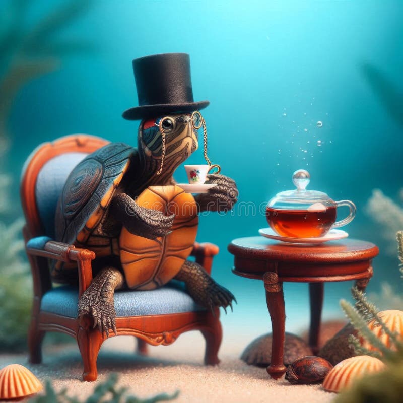 A Turtle with a Monocle and Top Hat, Sipping Tea Daintily while Sitting ...
