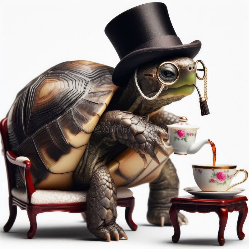 A Turtle with a Monocle and Top Hat, Sipping Tea Daintily while Sitting ...