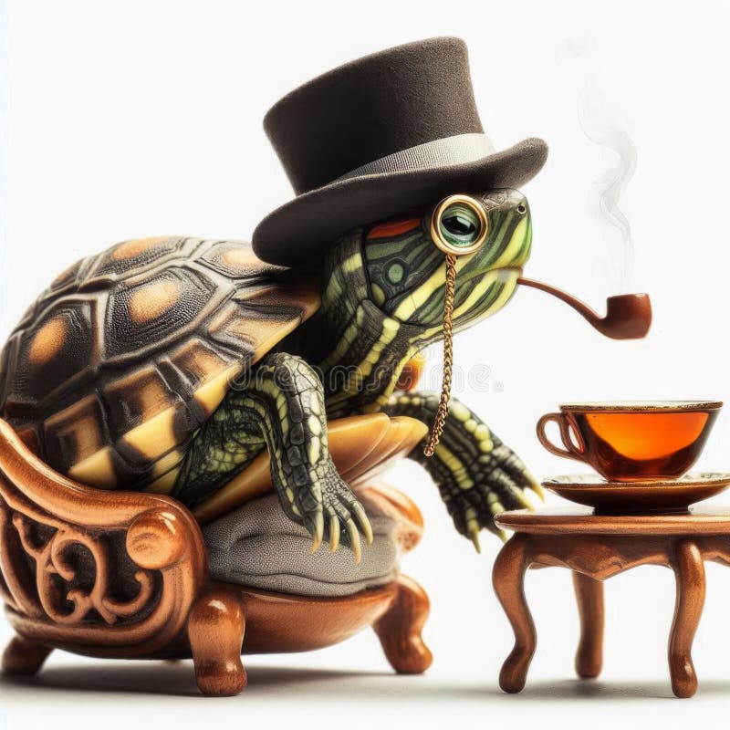 A Turtle with a Monocle and Top Hat, Sipping Tea Daintily while Sitting ...