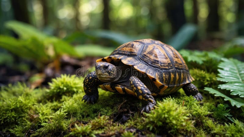 A Turtle on Moss in a Lush Forest Setting, Showcasing Nature S Beauty ...