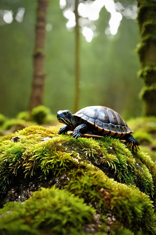 Turtle on Mossy Rock a Lone Turtle with a Weathered Shell Rests on a ...