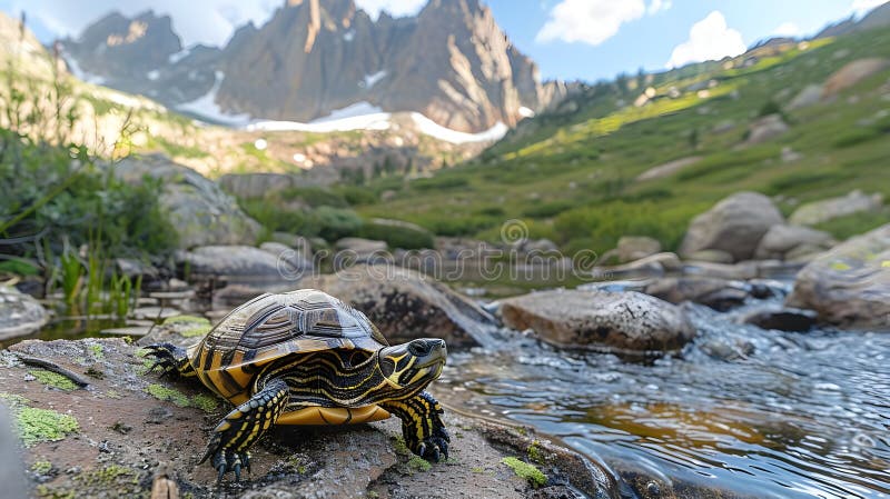 Turtle by Mountain Stream in Summer Stock Illustration - Illustration ...