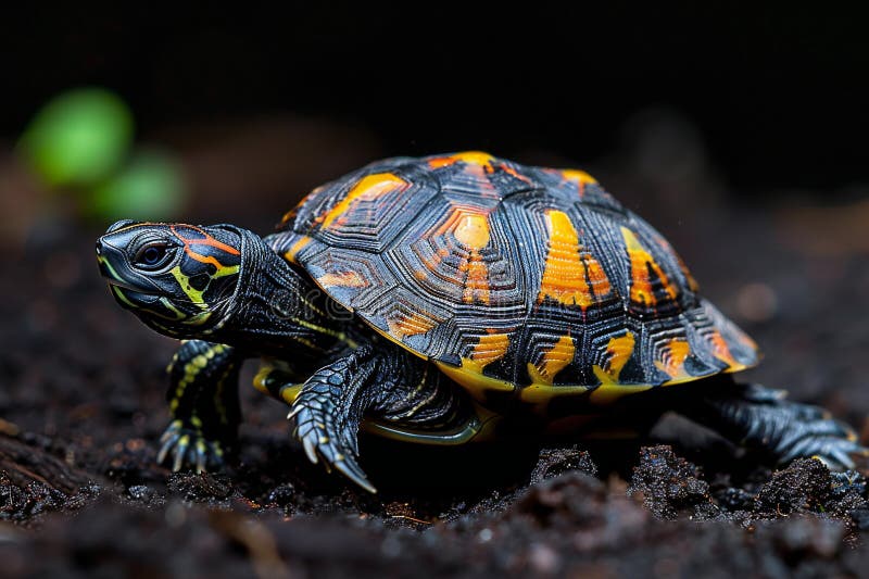 Turtle Moving on the Ground, Black Background, Macro Photography ...