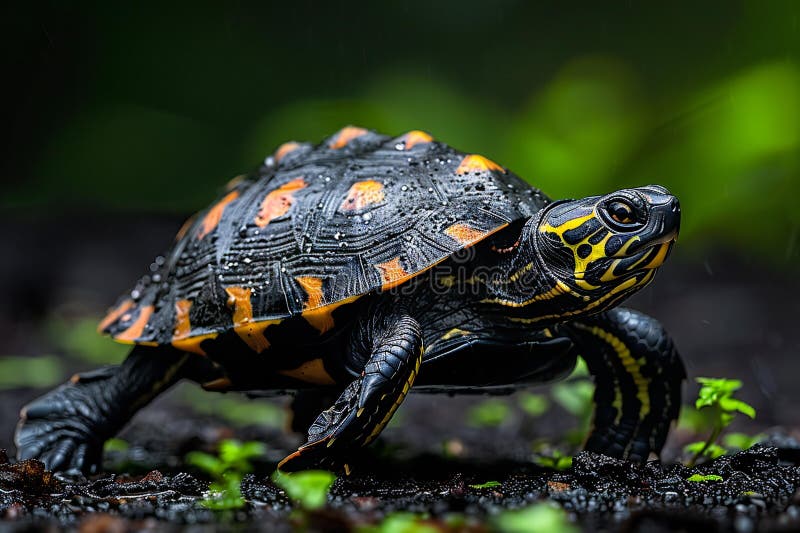 Turtle Moving on the Ground, Black Background, Macro Photography ...