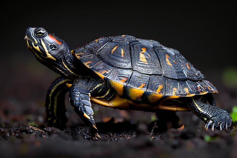 Turtle Moving on the Ground, Black Background, Macro Photography ...