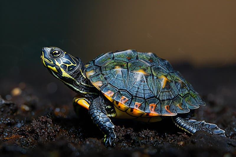 Turtle Moving on the Ground, Black Background, Macro Photography ...