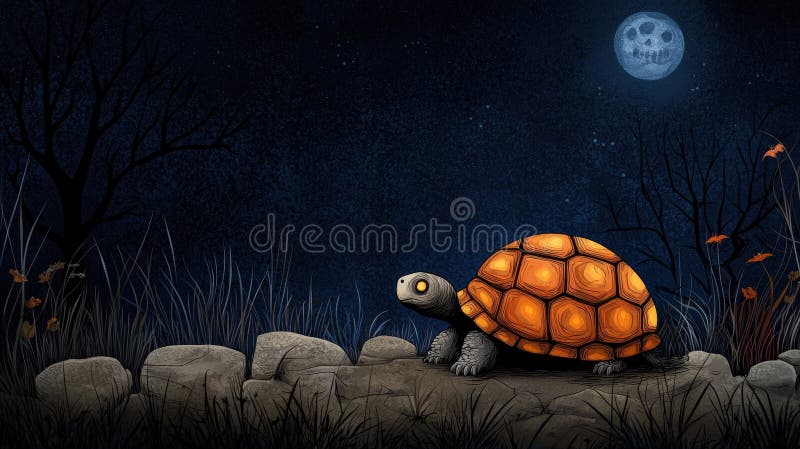 Turtle Moving through a Nighttime Landscape Under a Bright Moon Stock ...
