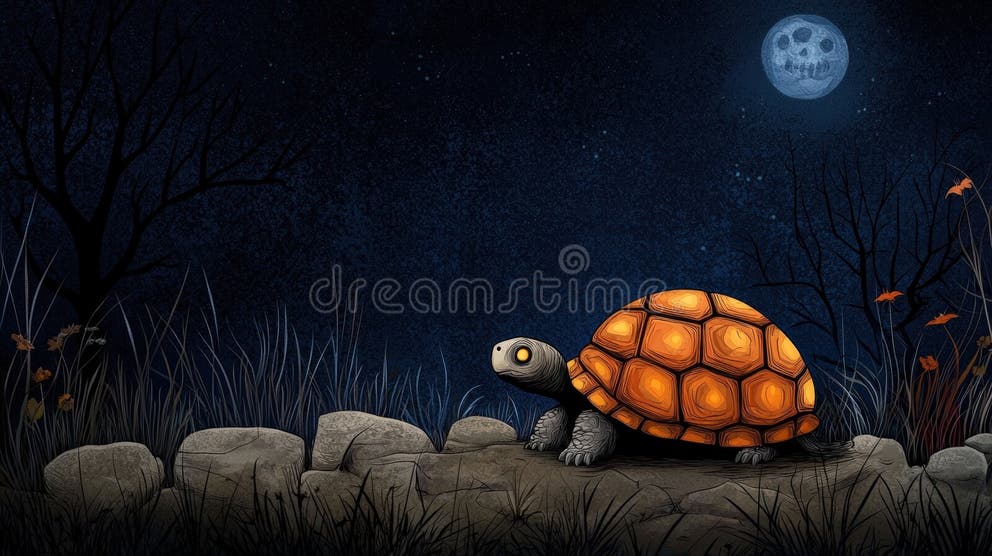 Turtle Moving through a Nighttime Landscape Under a Bright Moon Stock ...