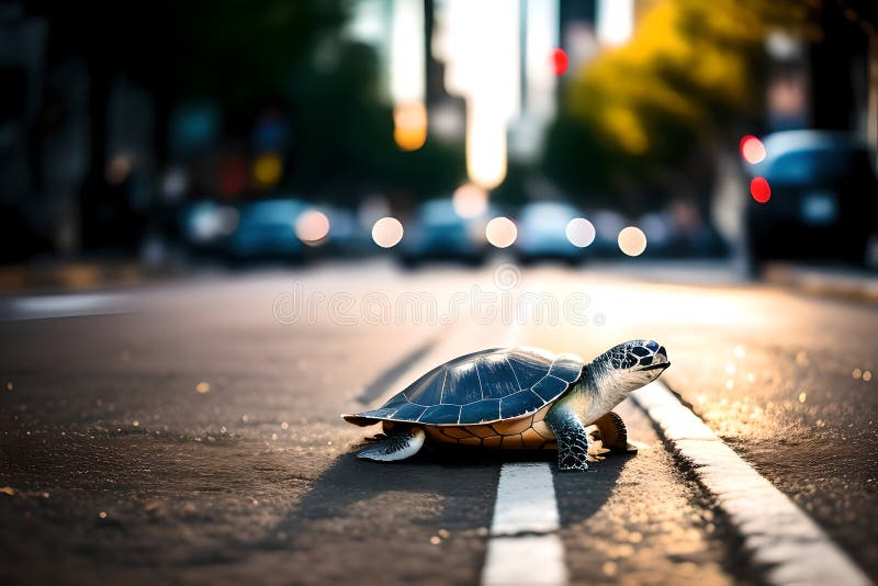 Turtle Moving Very Quickly Down a Busy City Street. AI Generated ...