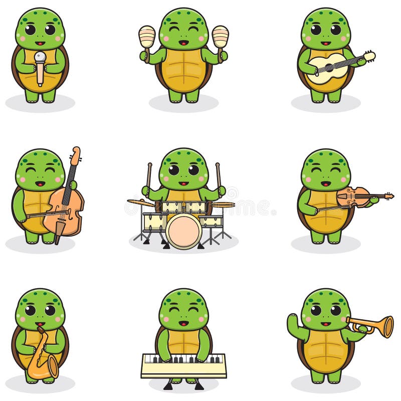 Vector Illustration of Cute Turtle Playing Music Instruments. Stock ...