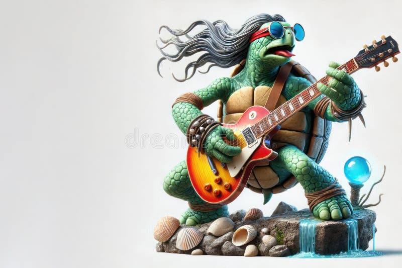 Turtle Musician with Guitar on Light Background. Space for Text. Stock ...