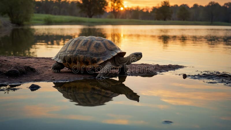 Giant Tortoise by Sunset Lake Reflection Stock Illustration ...