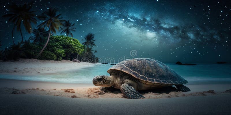 Turtle on the Night Beach. Created with Generative Ai Technology Stock ...
