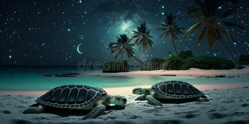 Turtle on the Night Beach. Created with Generative Ai Technology Stock ...