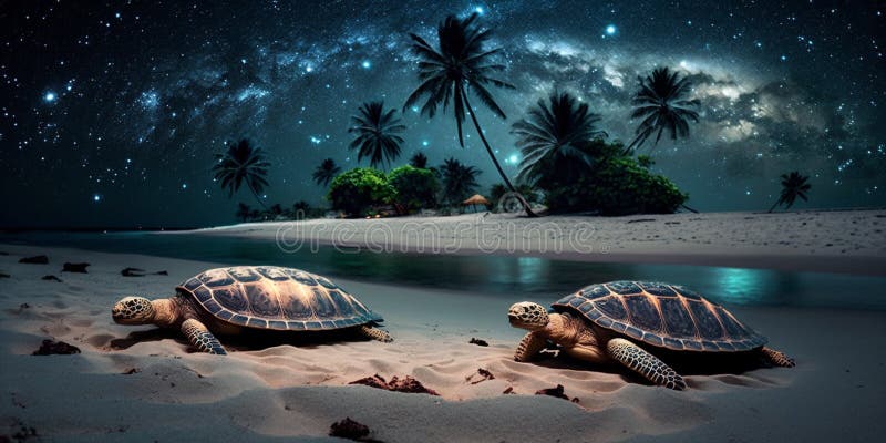 Turtle on the Night Beach. Created with Generative Ai Technology Stock ...